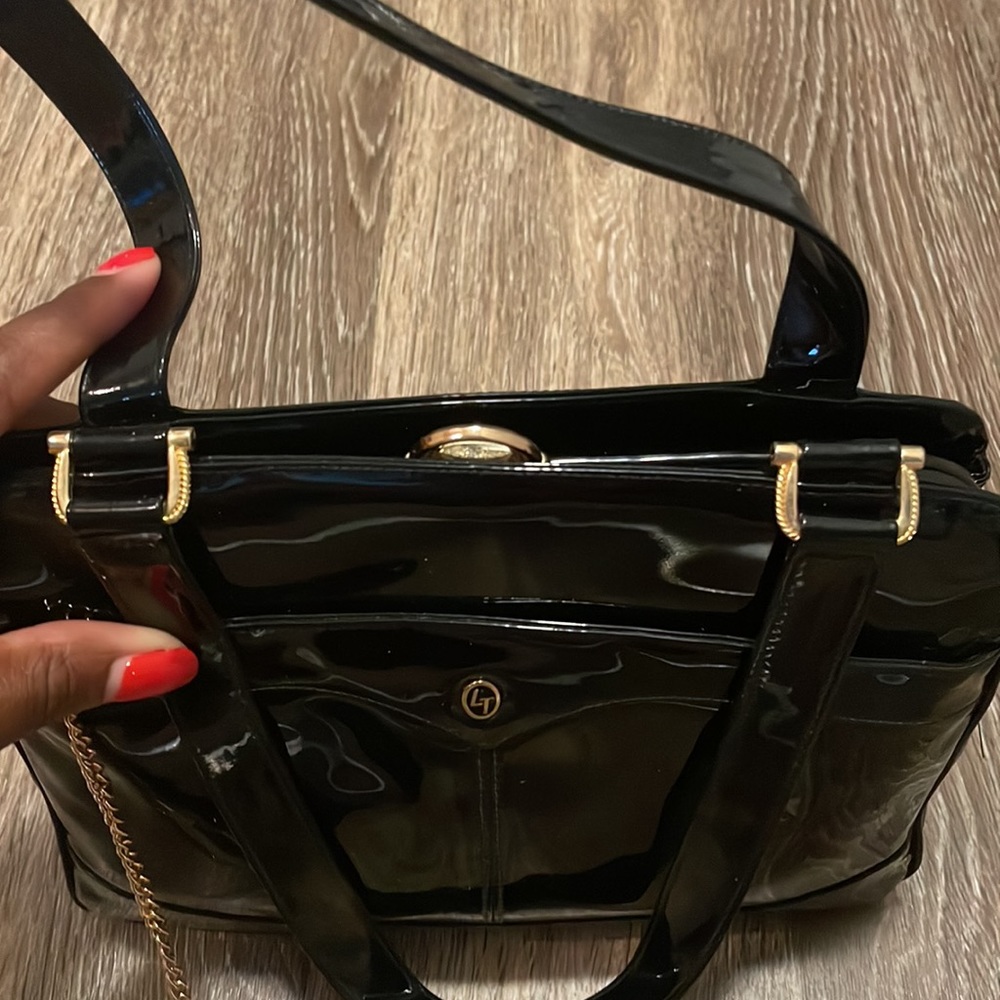 Vintage Lou Taylor Shiny Black Patent Leather Handbag… - Gem